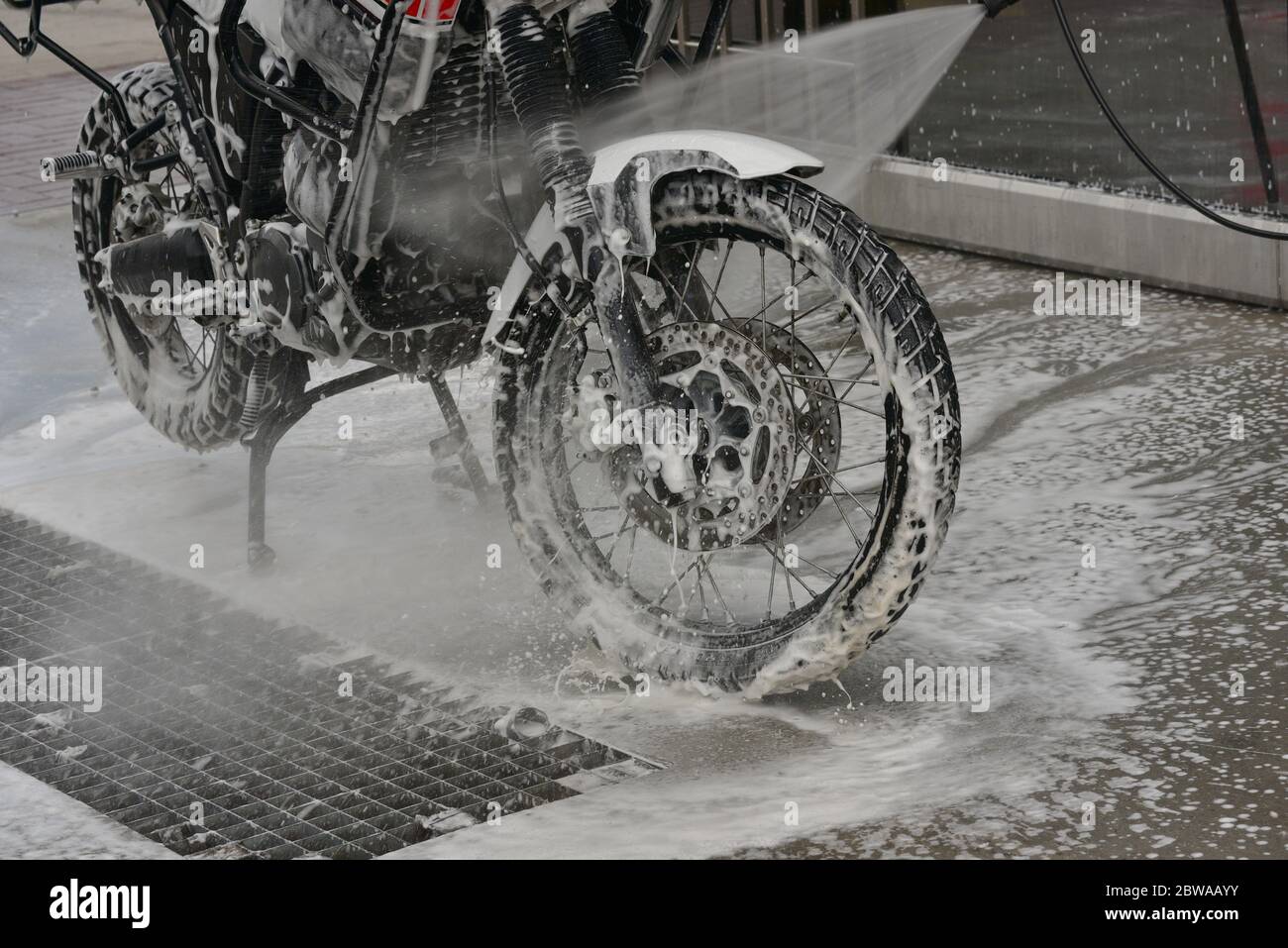 Motorcycle washing with cleaning foam. Pure moto bike. Enduro ...