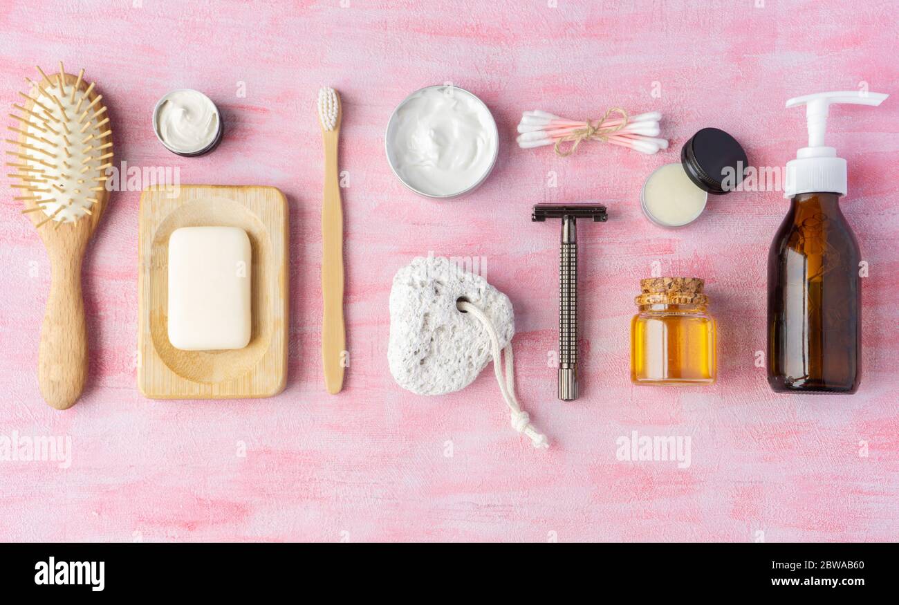 Zero waste bathroom accessories soap, toothbrush, toothpaste, cream ...