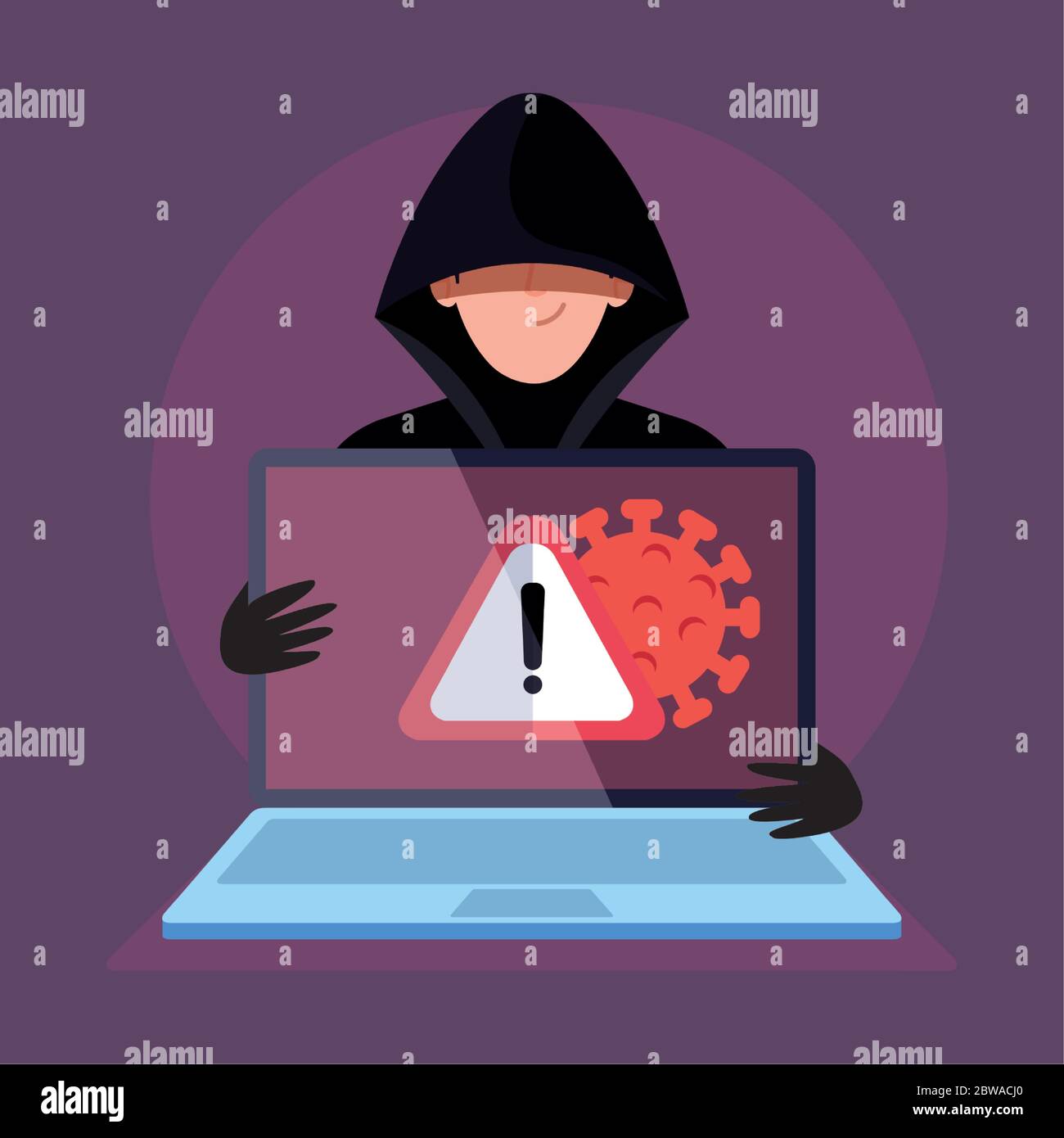 hacker and laptop computer with danger warning sign during covid 19 ...