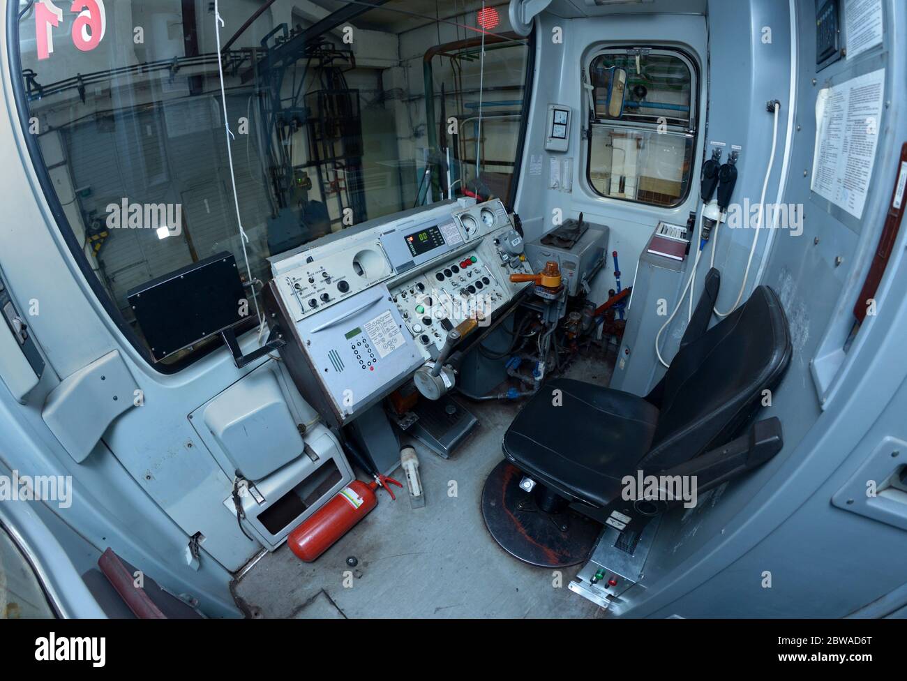 Subway train drivers cabin: seat, dashboard, speed control handle Stock ...