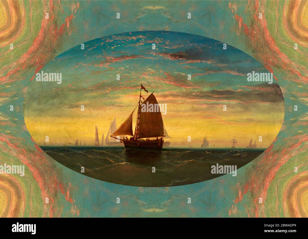 A reworking of the painting Boston Harbor by Charles Manger. It is held ...