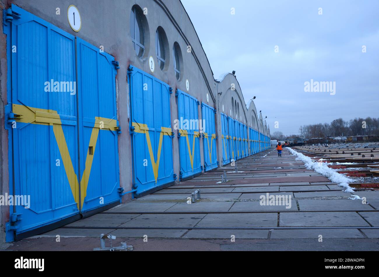 Subway car shed: empty tracks and gates of the maintenance hall Stock ...
