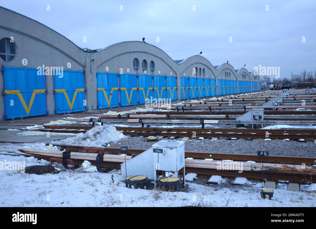 Subway car shed: empty tracks and gates of the maintenance hall Stock ...