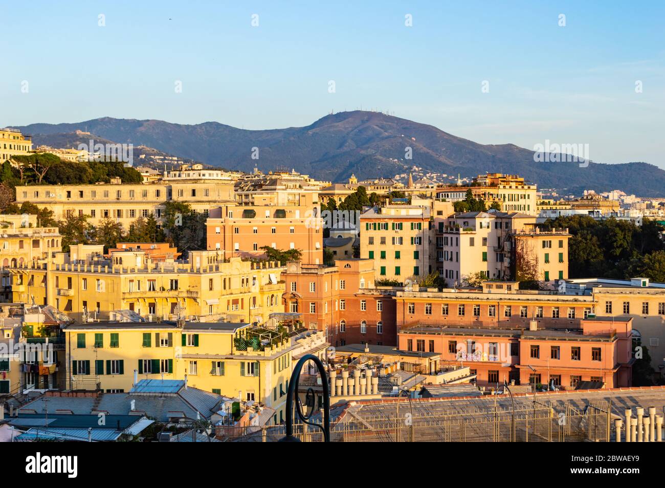 Genoa aerial cityscape at sunset as seen from Belvedere Castelletto ...