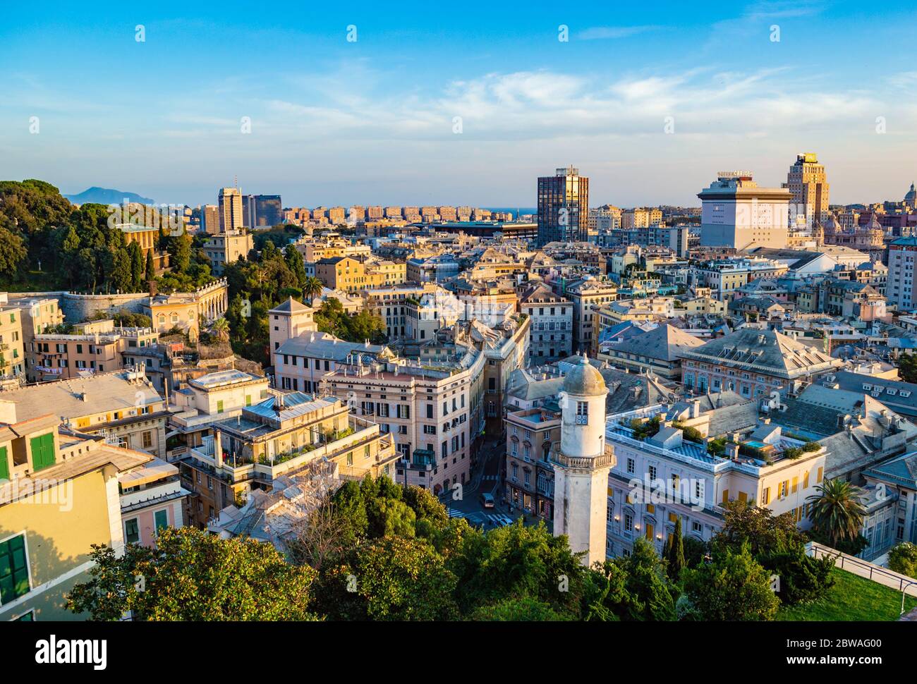 Genoa aerial cityscape at sunset as seen from Belvedere Castelletto ...