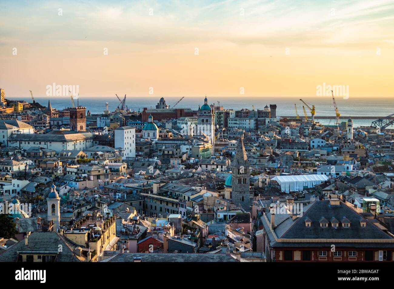 Genoa aerial cityscape at sunset as seen from Belvedere Castelletto ...