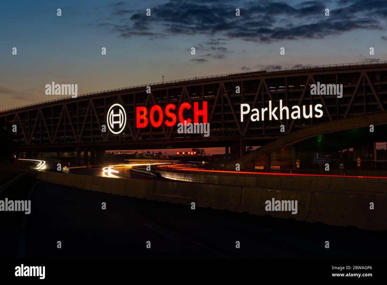 Huge Bosch letters at the Stuttgart Airport parking garage with long ...