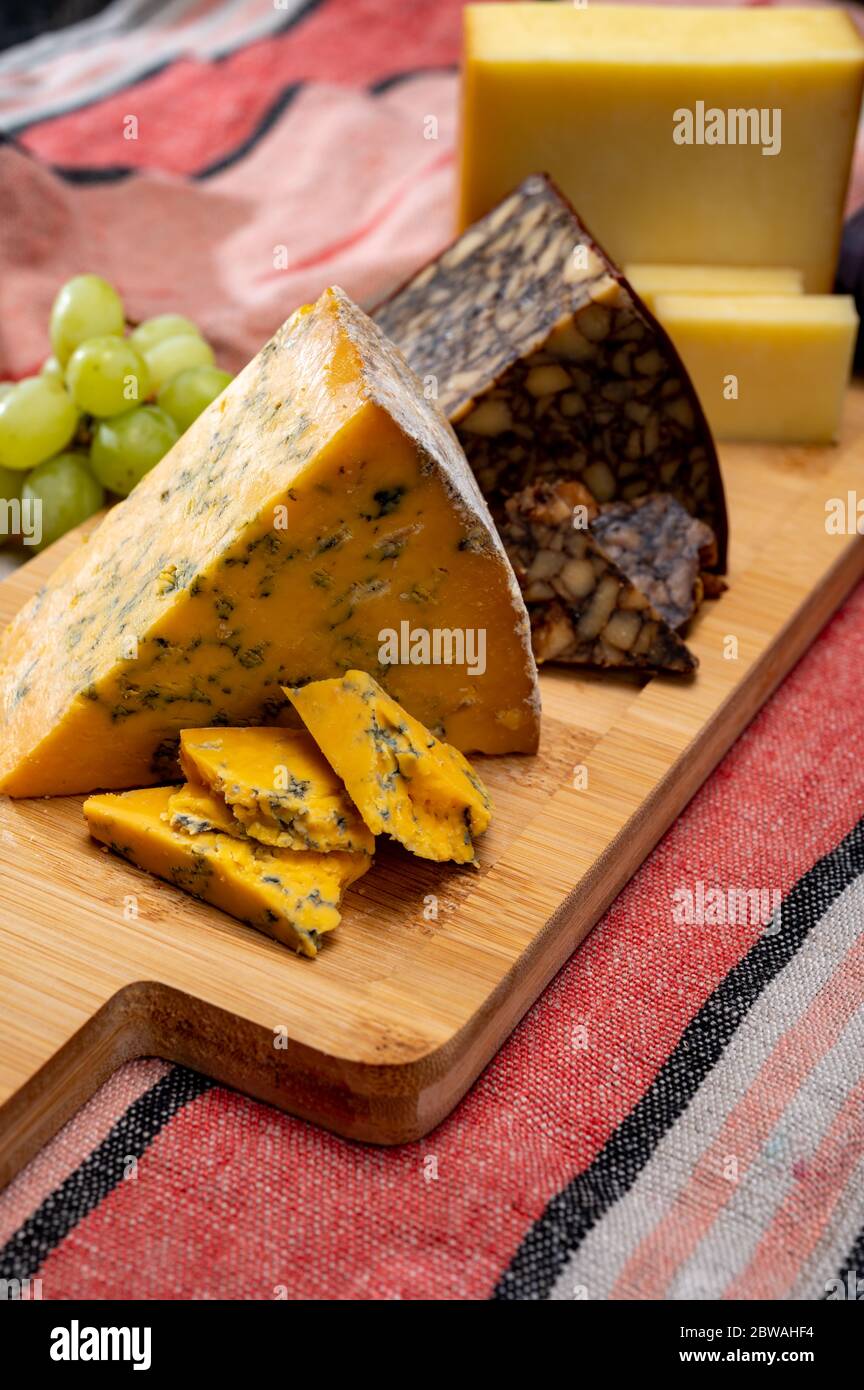 British and Irish cheeses, tasting plate with blue shropshire, brown ...