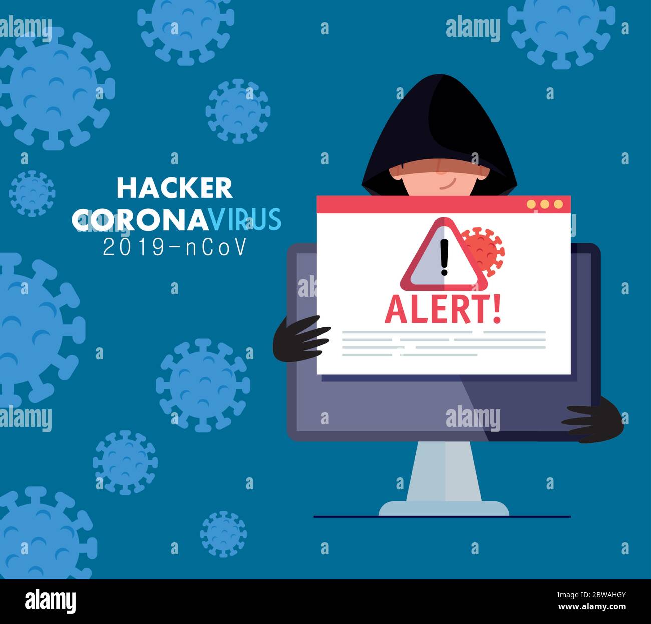 hacker and laptop with danger warning sign during covid 19 pandemic ...
