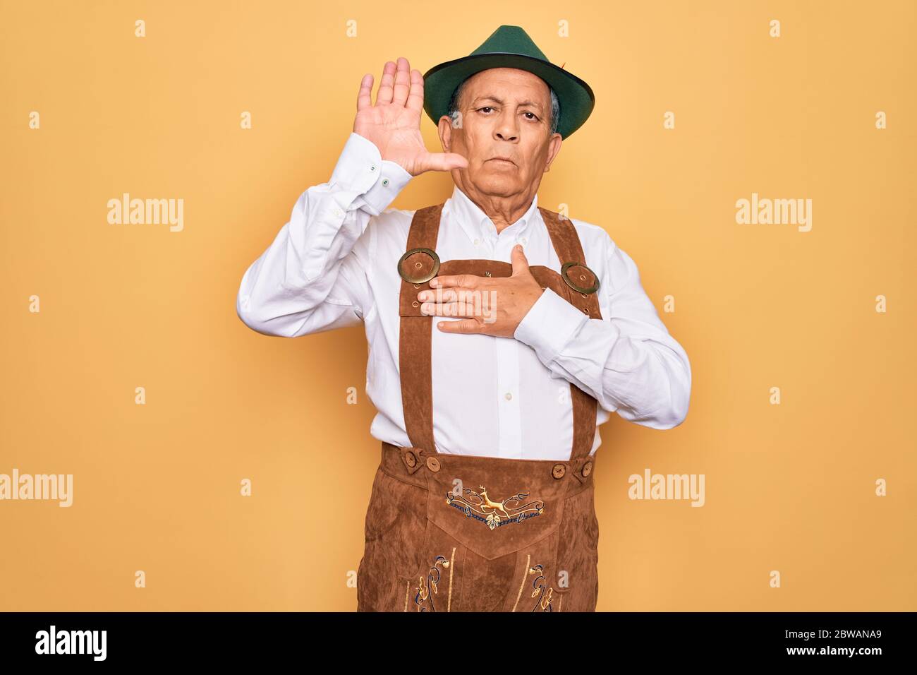 Senior grey-haired man wearing german traditional octoberfest suit over ...
