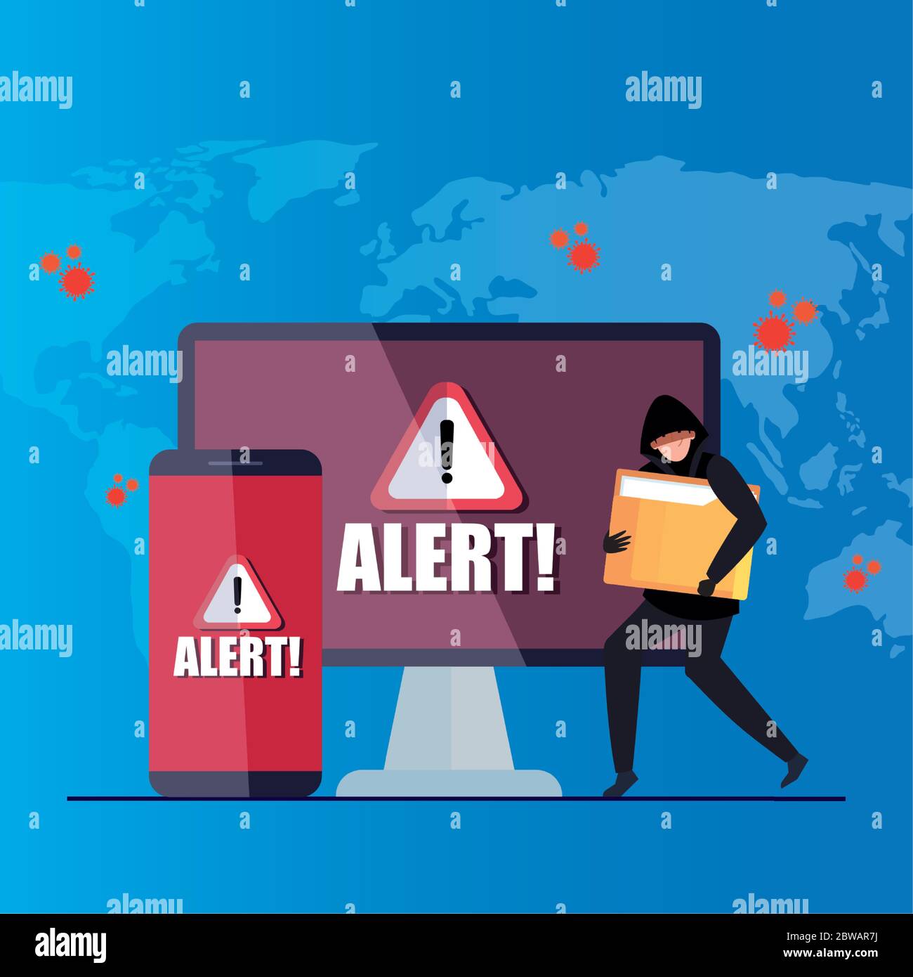 hacker with laptop and smartphone, danger warning sign during covid 19 ...