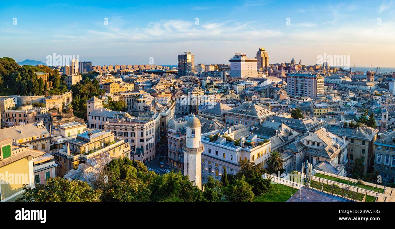Genoa aerial cityscape at sunset as seen from Belvedere Castelletto ...