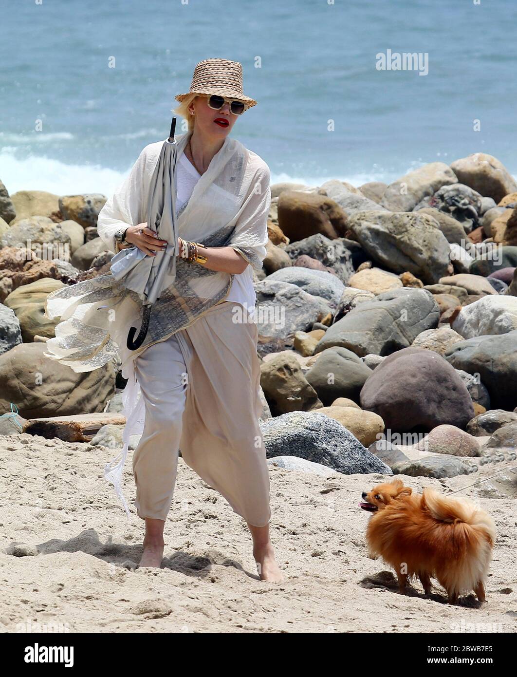 Gwen Stefani wearing hat, walking on beach with pet dog and her boys ...