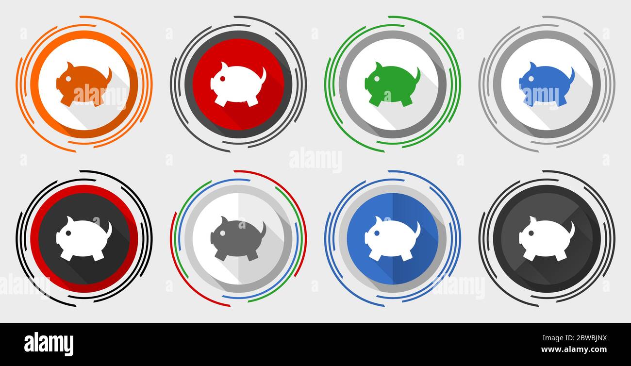 Piggy bank vector icon set, modern design flat graphic in 8 options for ...