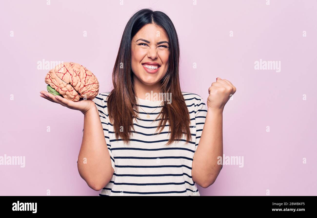 Young beautiful brunette woman asking for memory healthy and mental ...