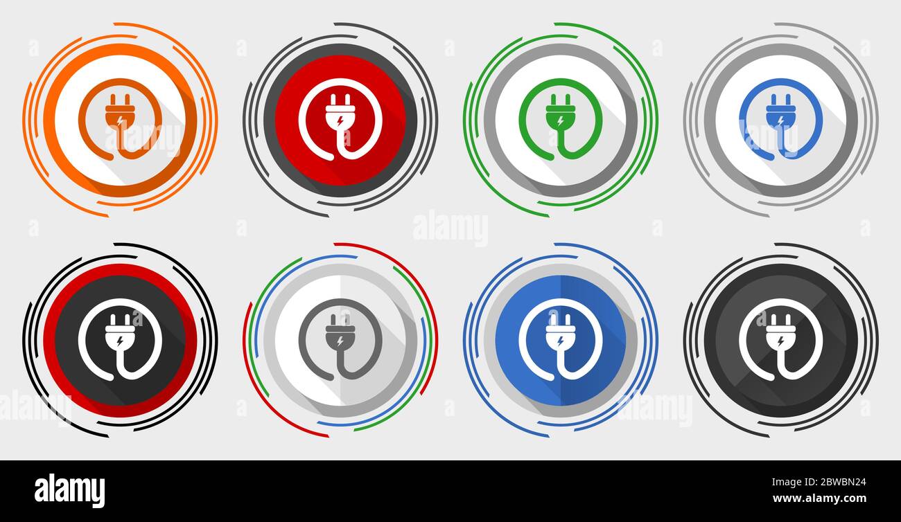 Plug power vector icon set, modern design flat graphic in 8 options for ...