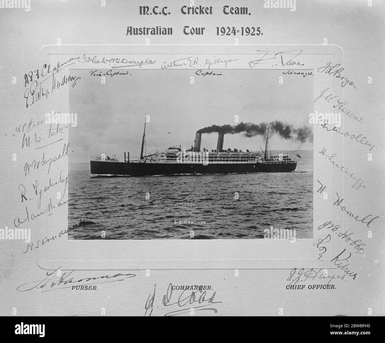Around a photograph of the ' SS Ormonde ' the signatures of the MCC ...