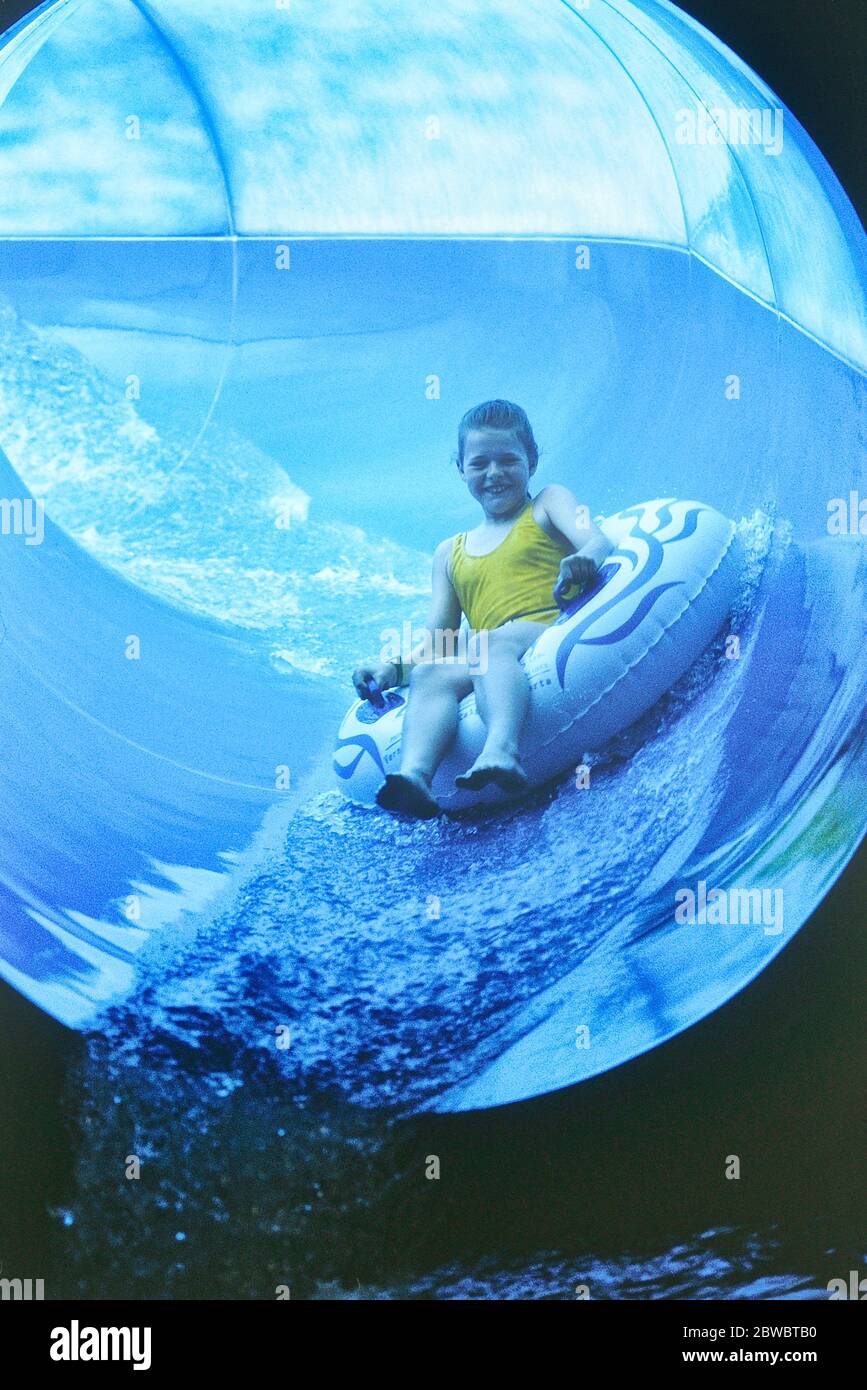 A youngster riding the Water flume ride at Sunsplash Waterworld ...