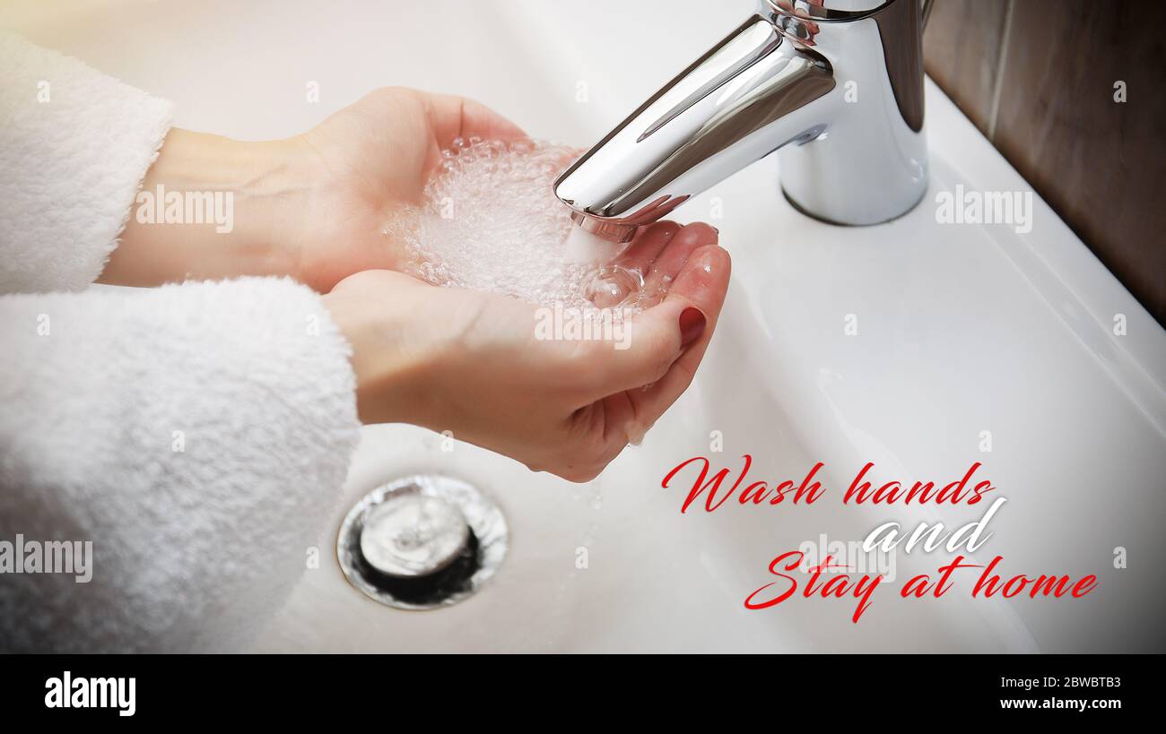 Womans hands at the sink. Hygiene procedures for hand washing ...