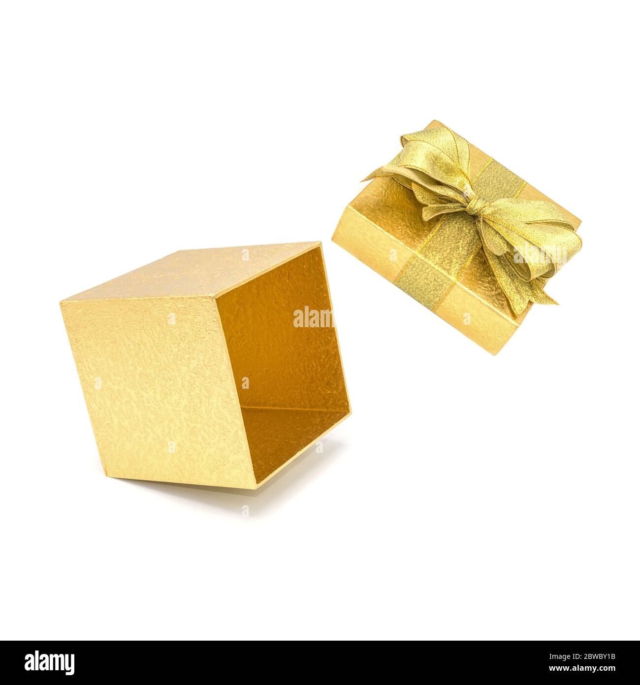 Open gold gift box with gold ribbon. Object isolated on white ...