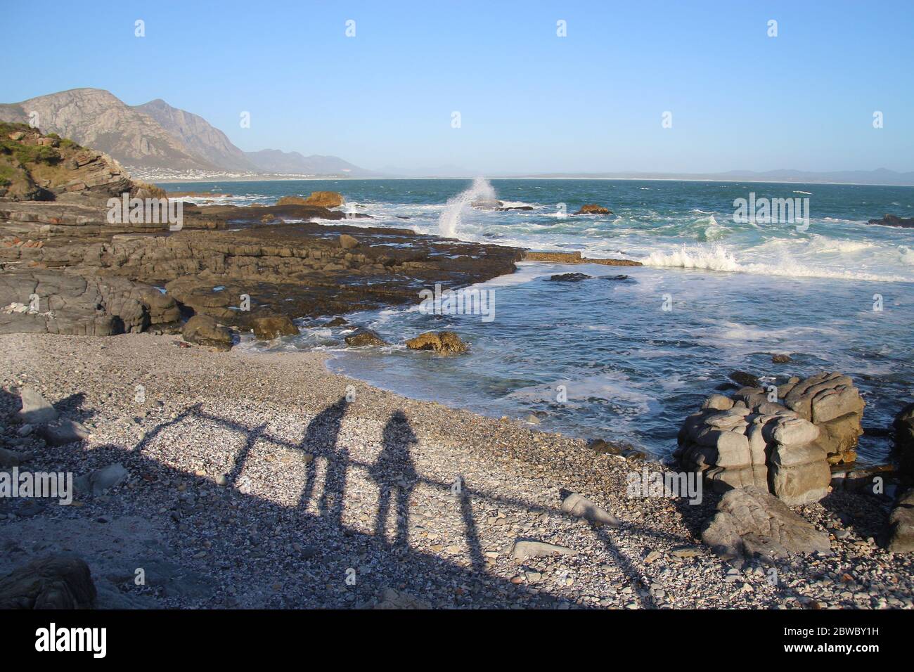 On the coast of Hermanus, South Africa. View of the wild Indian Ocean ...