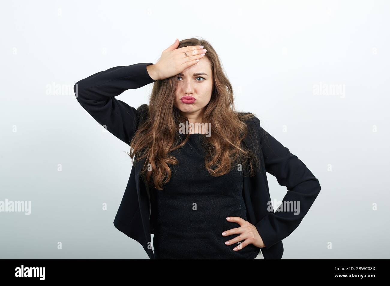 Angry, Irritated Female Holds Hand On Her Forehead. Emotional People ...