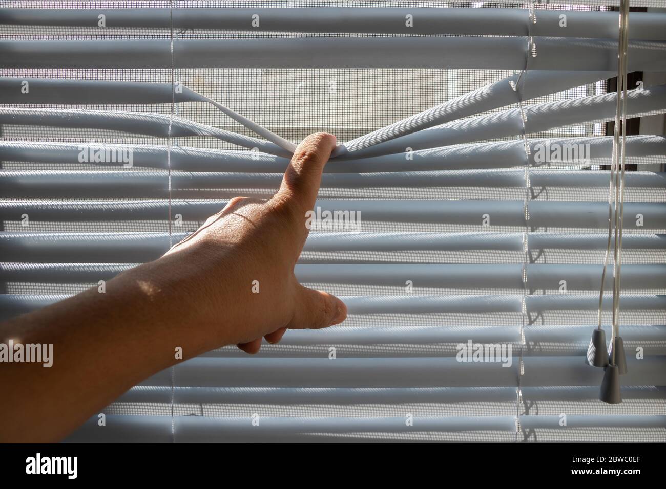 The fingers stretched the window blinds looking outside Stock Photo - Alamy