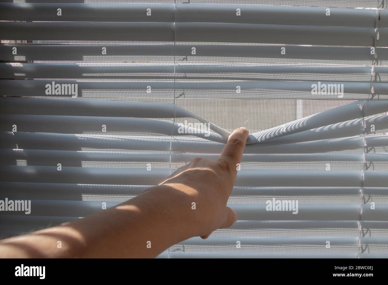 The fingers stretched the window blinds looking outside Stock Photo - Alamy