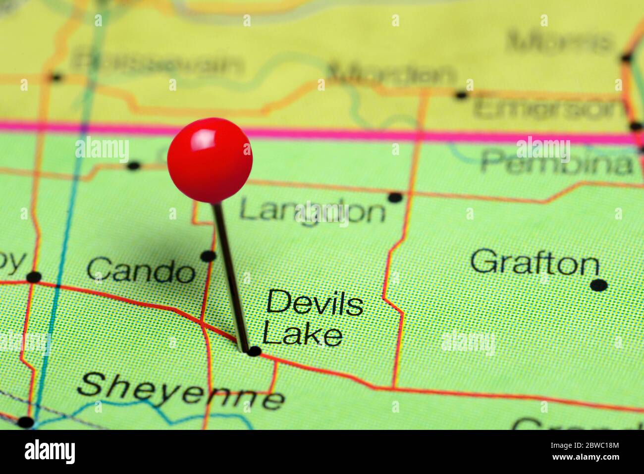 Devils Lake pinned on a map of North Dakota, USA Stock Photo - Alamy