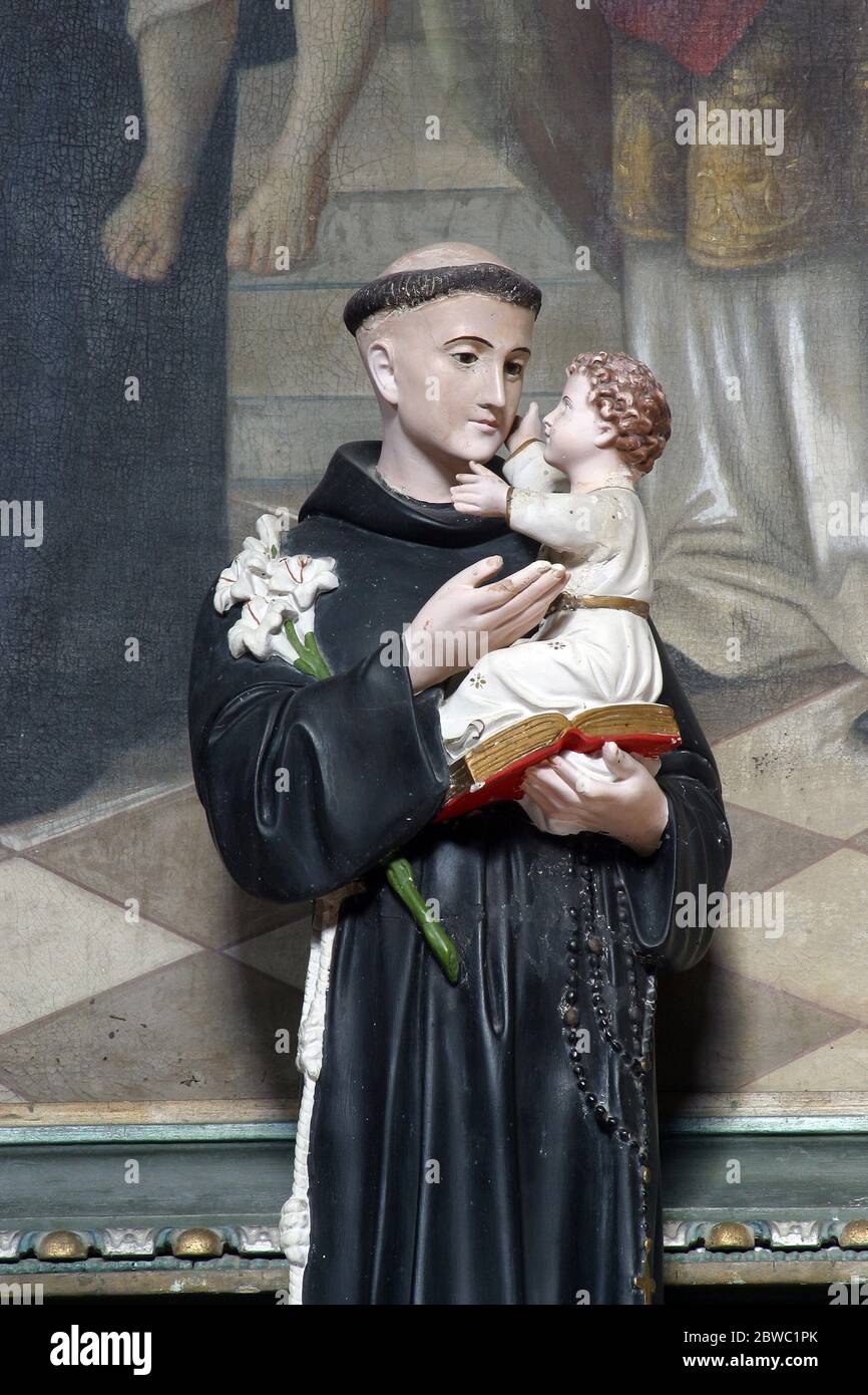 Saint Anthony of Padua holds baby Jesus, statue on the altar of Saint ...