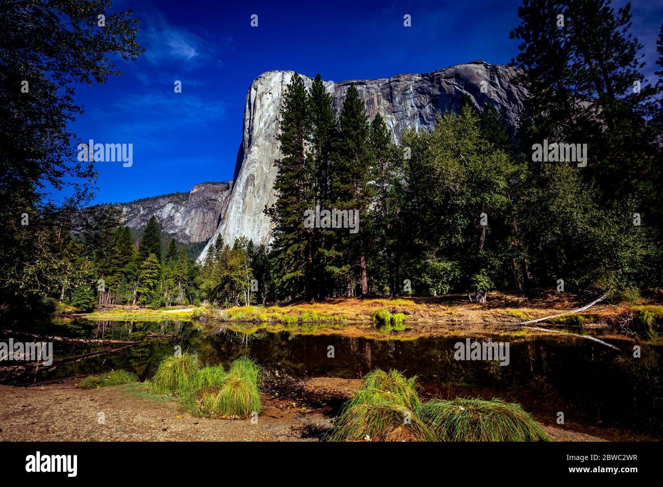 World famous rock climbing wall of El Capitan, Yosemite national park ...