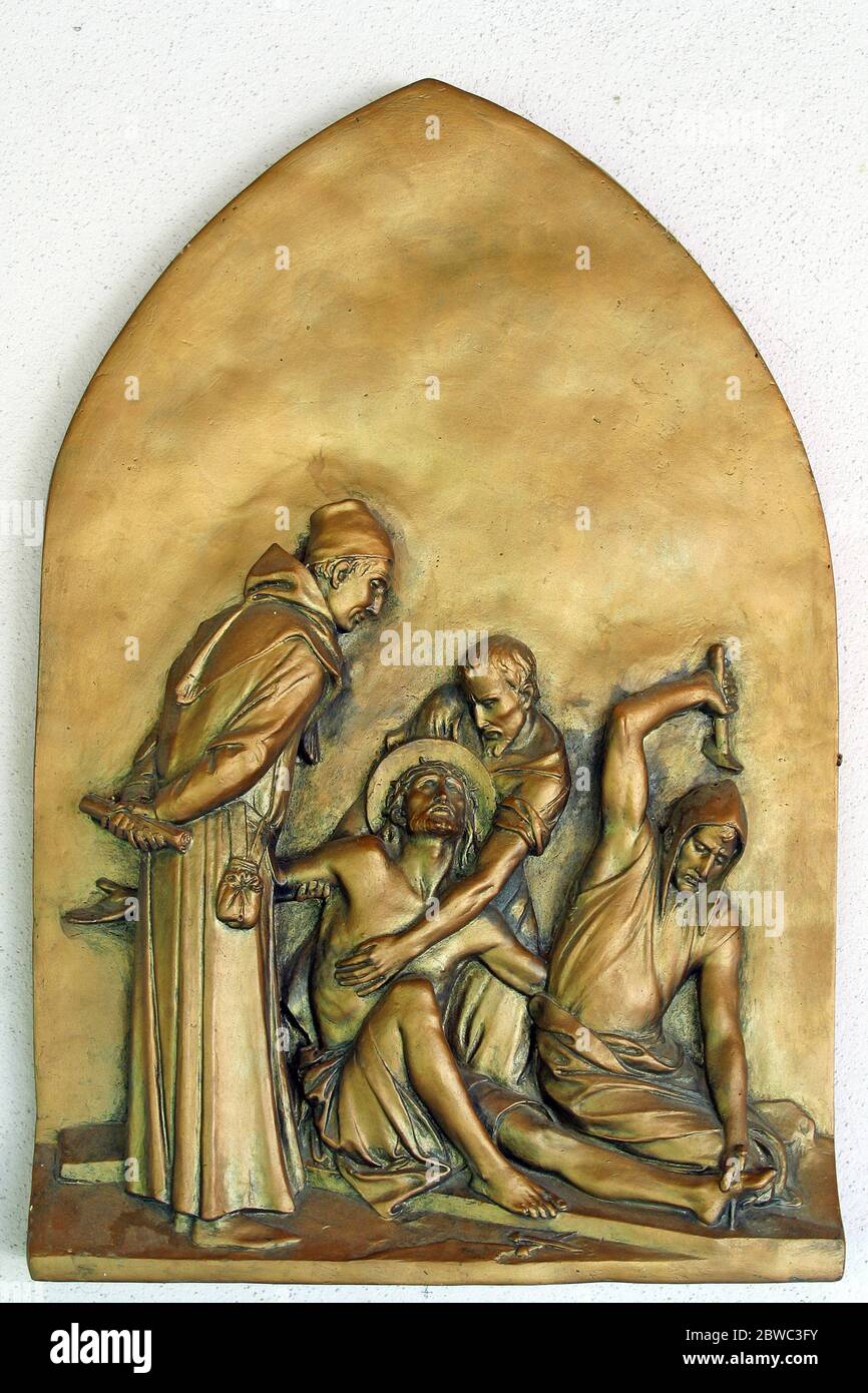 11th Stations of the Cross, Crucifixion: Jesus is nailed to the cross, parish church of the Holy ...