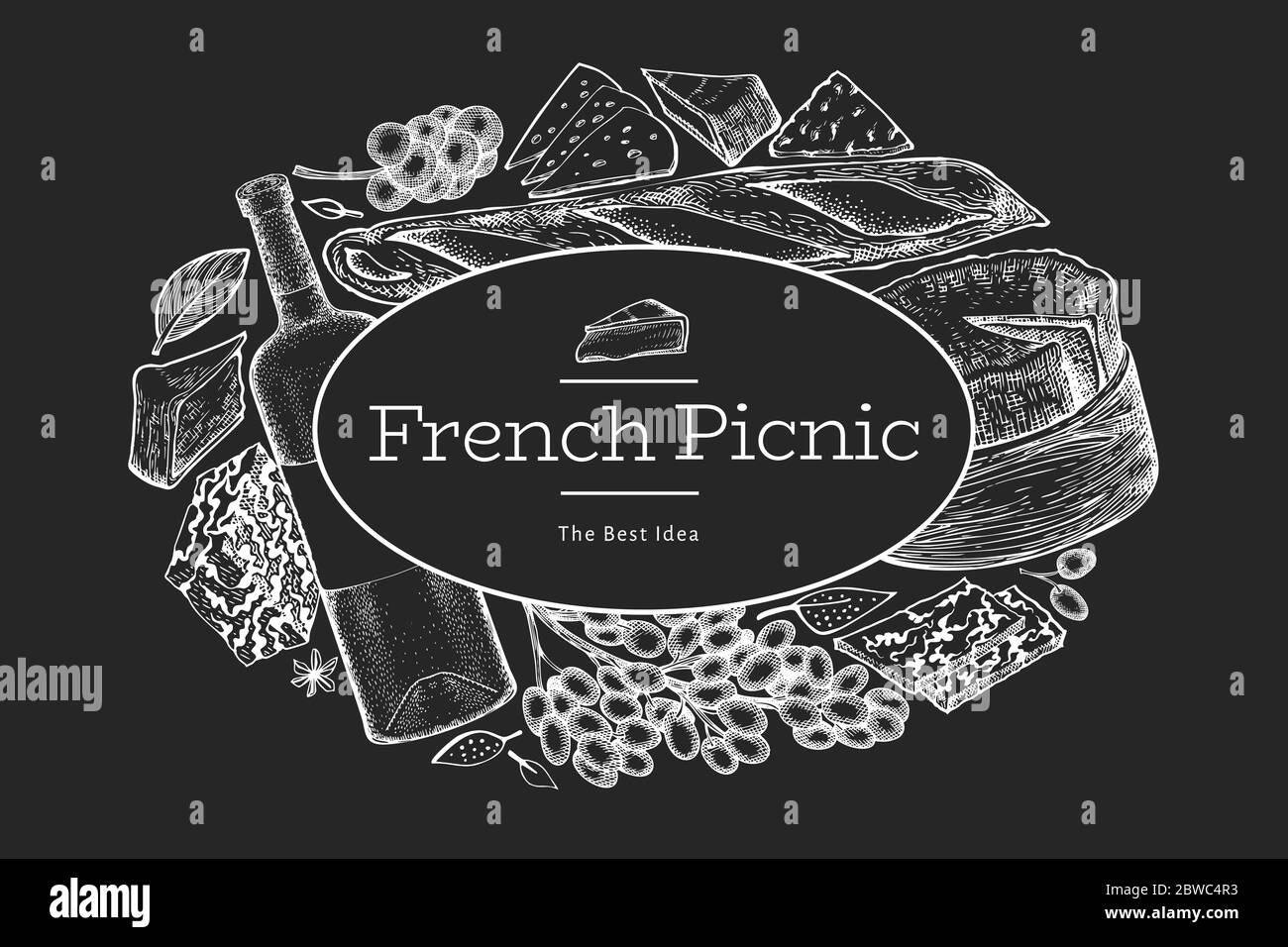 French food illustration design template. Hand drawn vector picnic meal ...