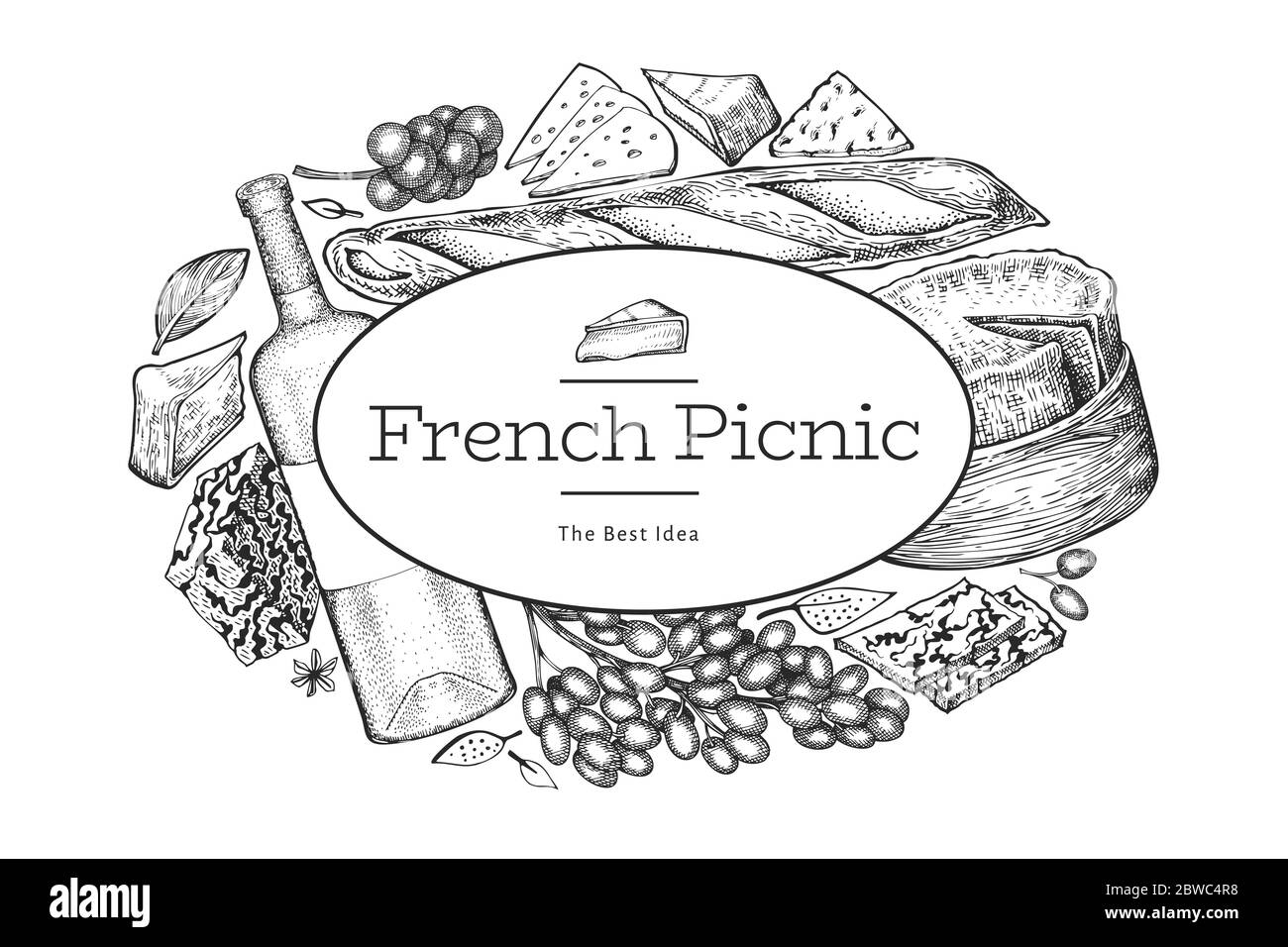 French food illustration design template. Hand drawn vector picnic meal ...