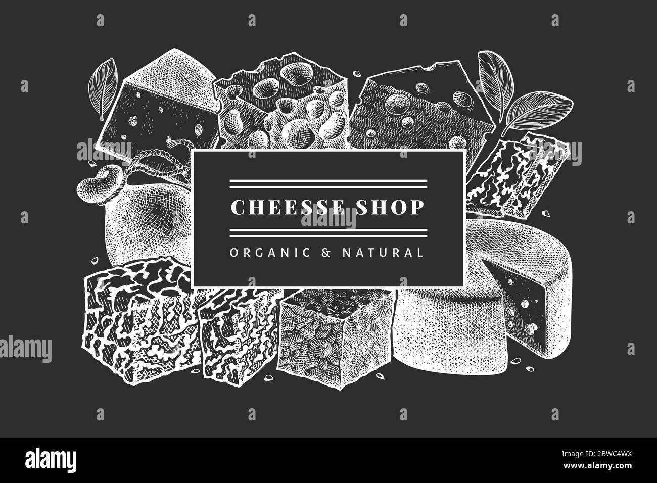 Cheese design template. Hand drawn vector dairy illustration on chalk ...