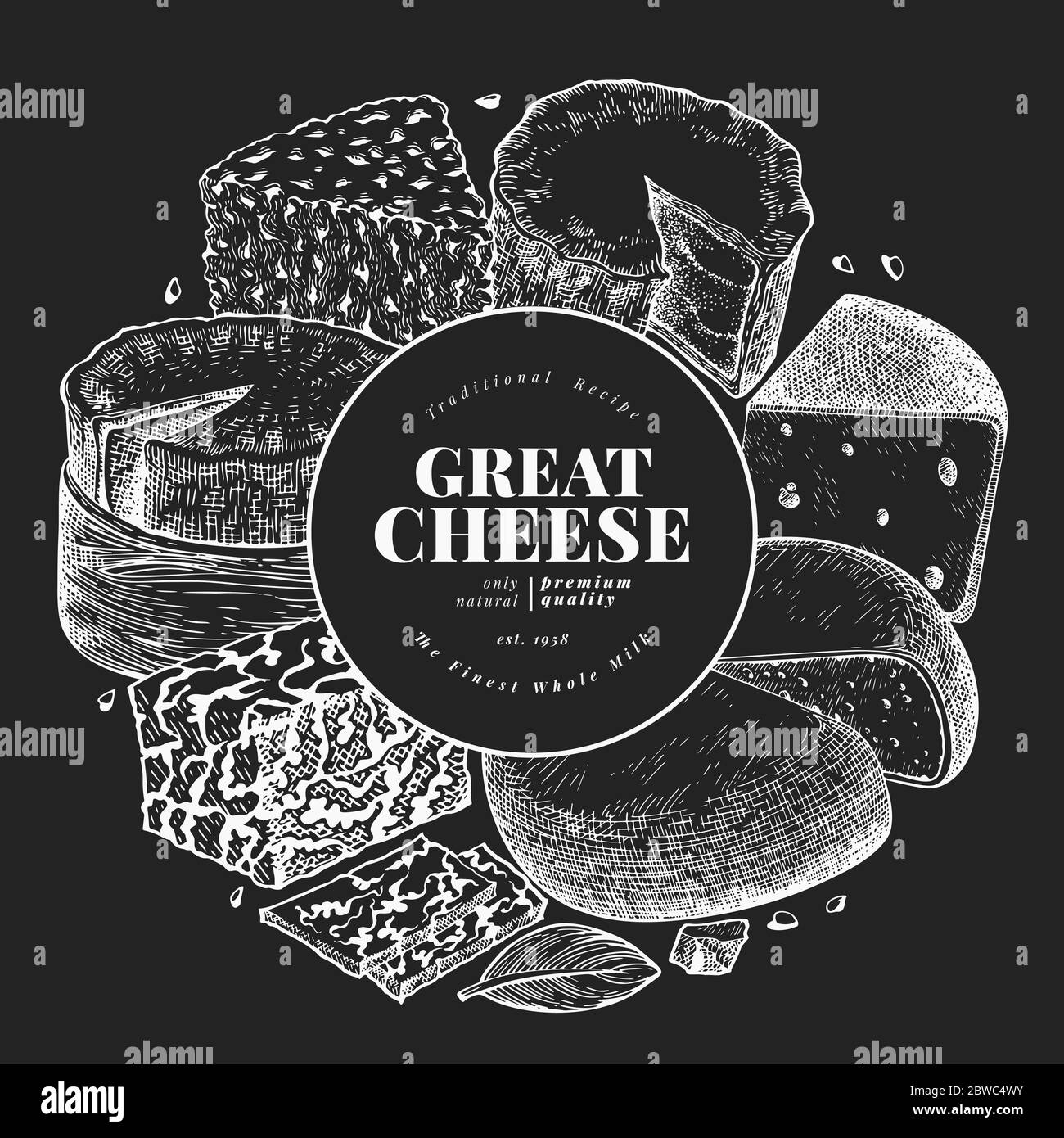 Cheese design template. Hand drawn vector dairy illustration on chalk ...