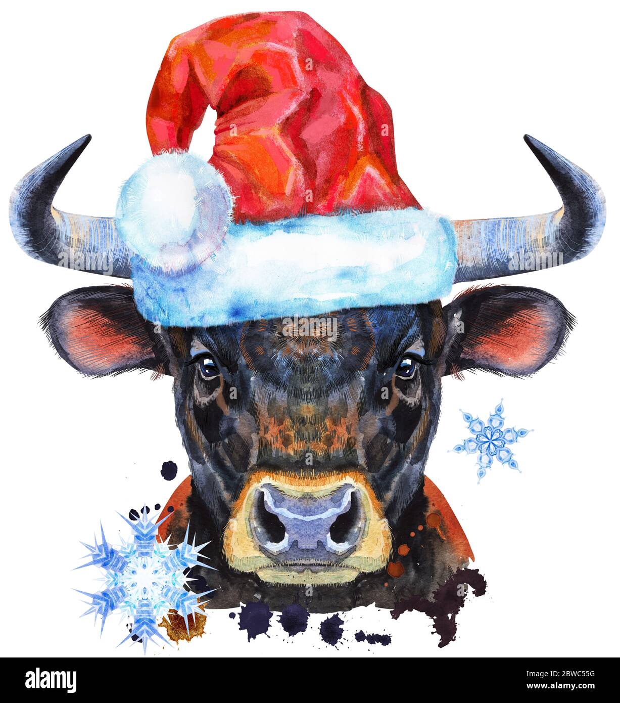 Bull in Santa hat. Watercolor graphics . Bull animal illustration with ...