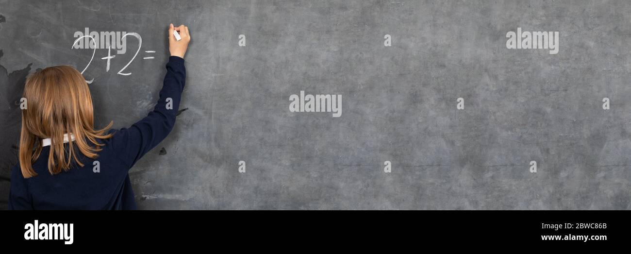 He writes on the chalkboard with chalk. Math problem. A girl at the ...