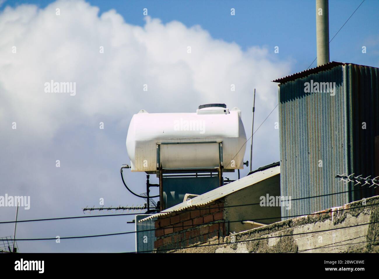 Limassol Cyprus May 30, 2020 View of a water tank from a solar stove on ...