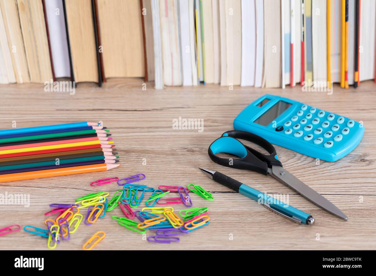 New school supplies. Books arranged in a row. Equipment for every ...