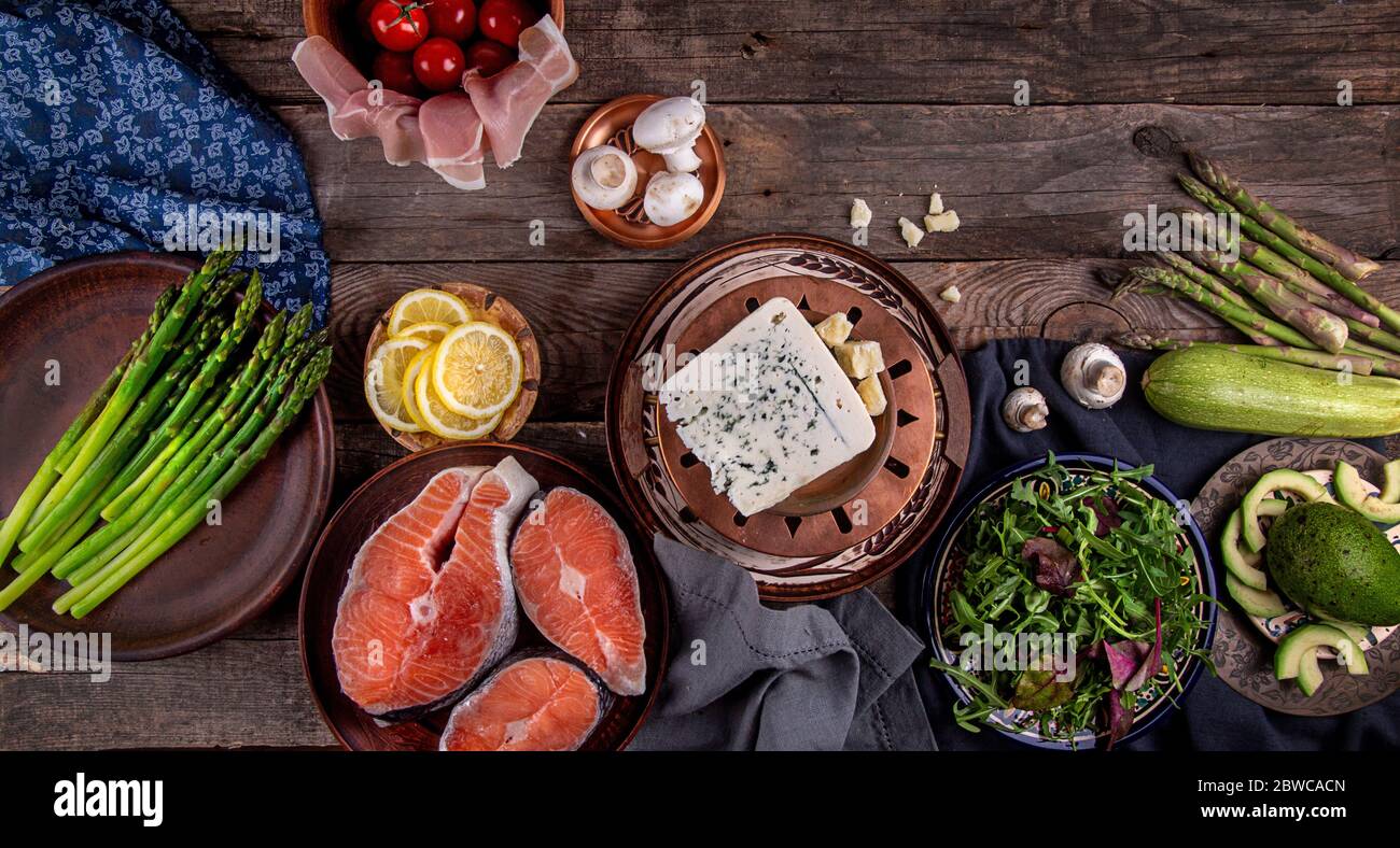 Overhead composition of different plates with meal for cooking ...