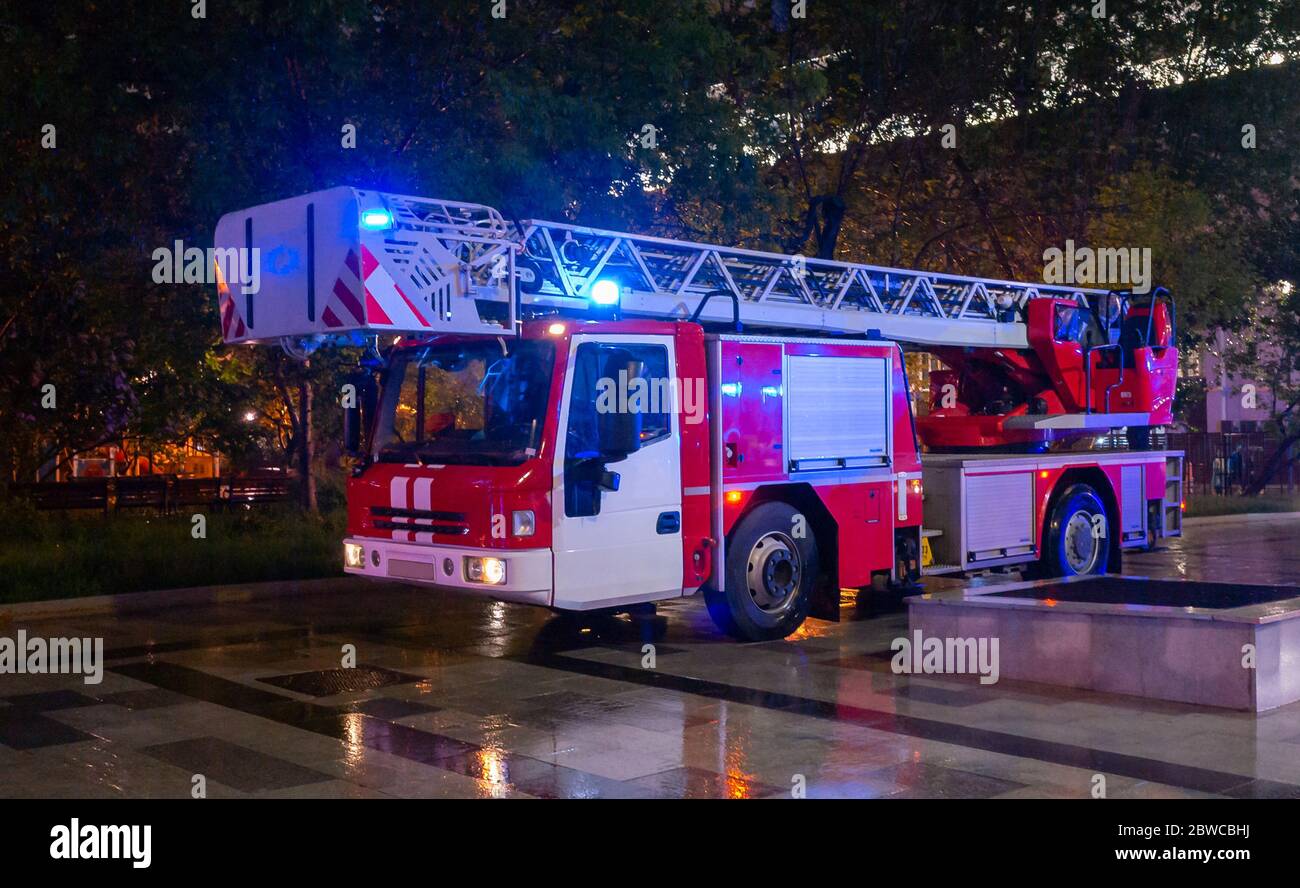 Fire engines in the courtyard of the apartment building where the fire ...