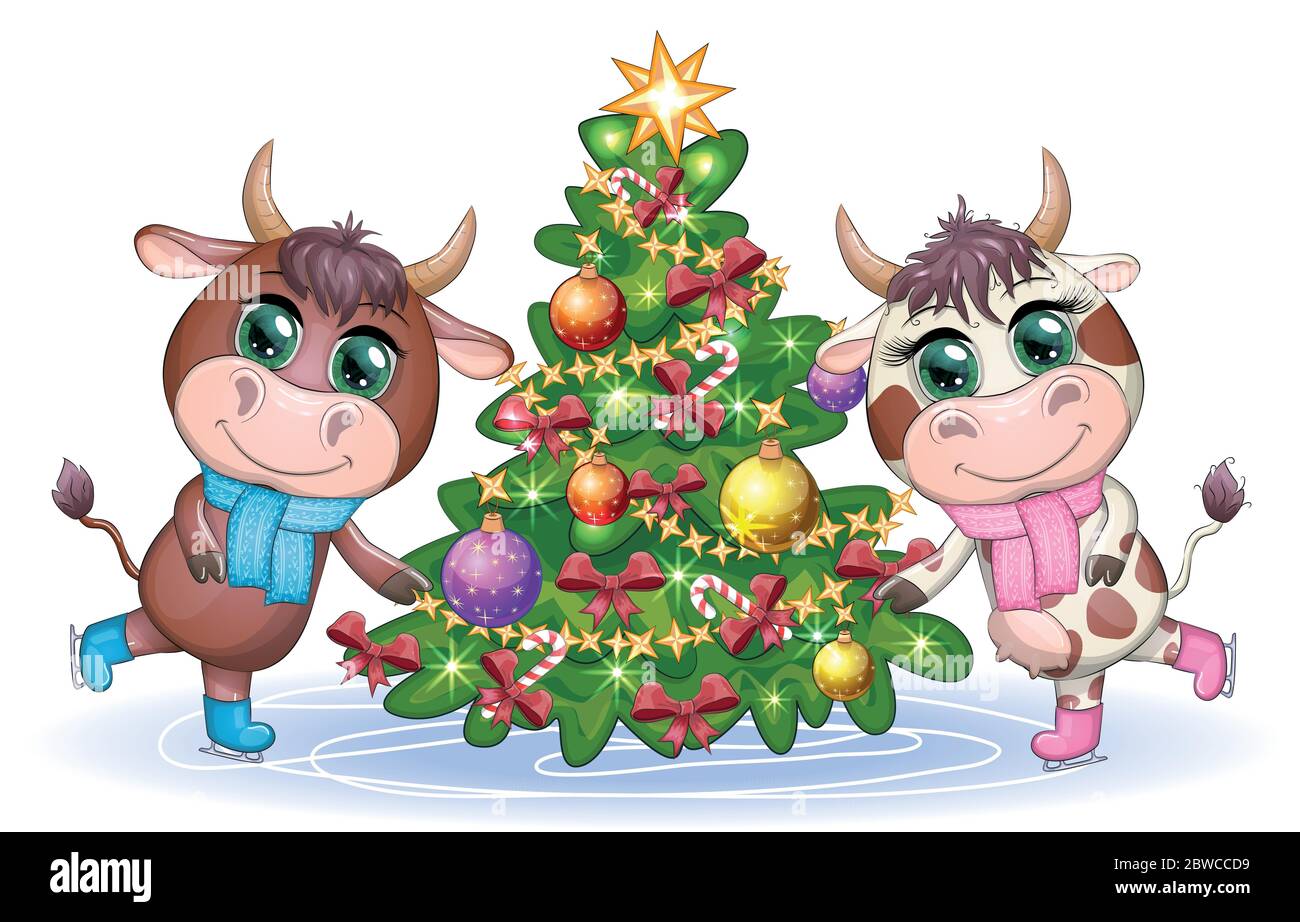 Merry Christmas Funny cow with gift on background snow. Card in cartoon ...