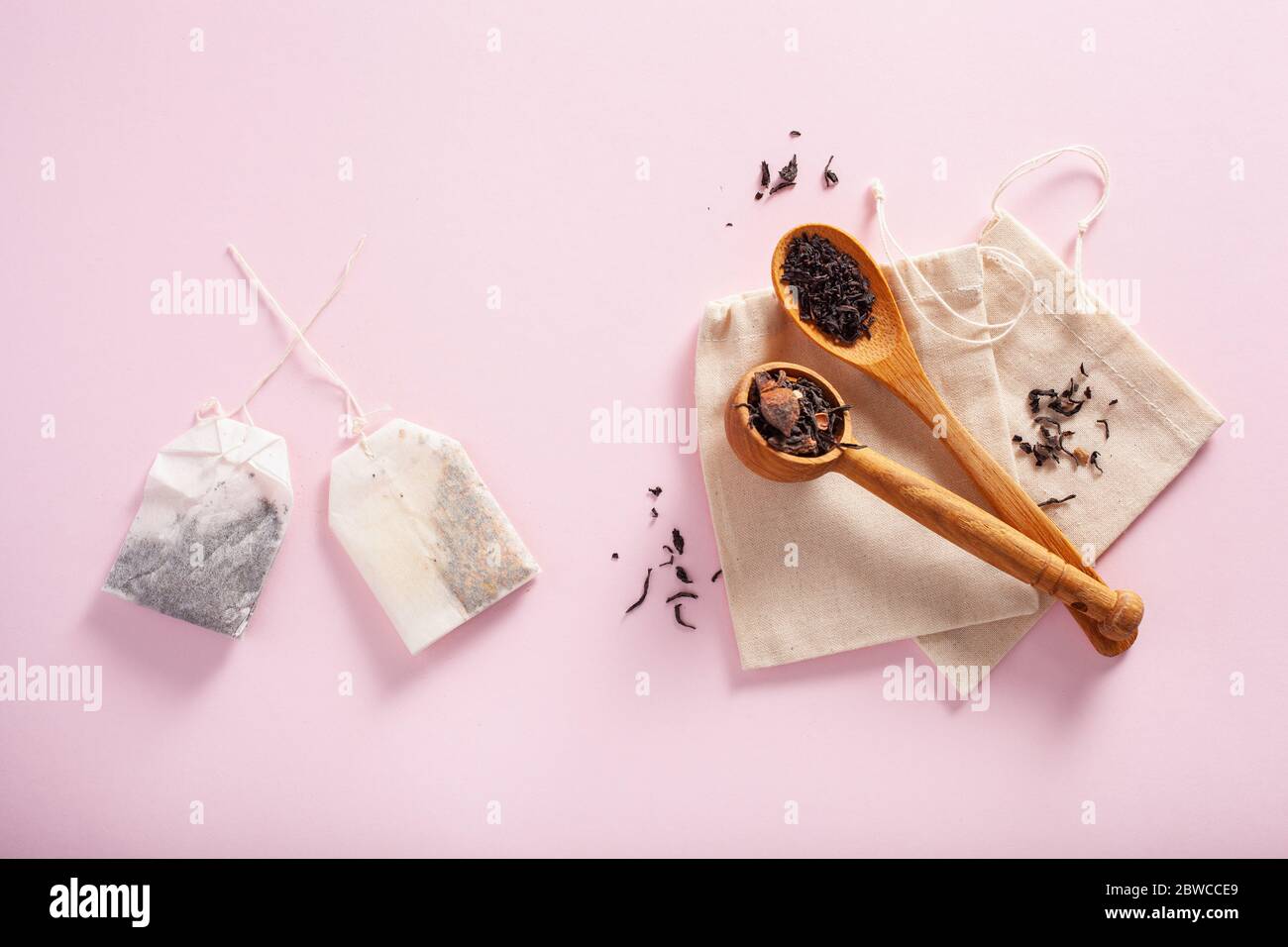 paper and reusable cotton tea bag, eco zero waste concept Stock Photo ...