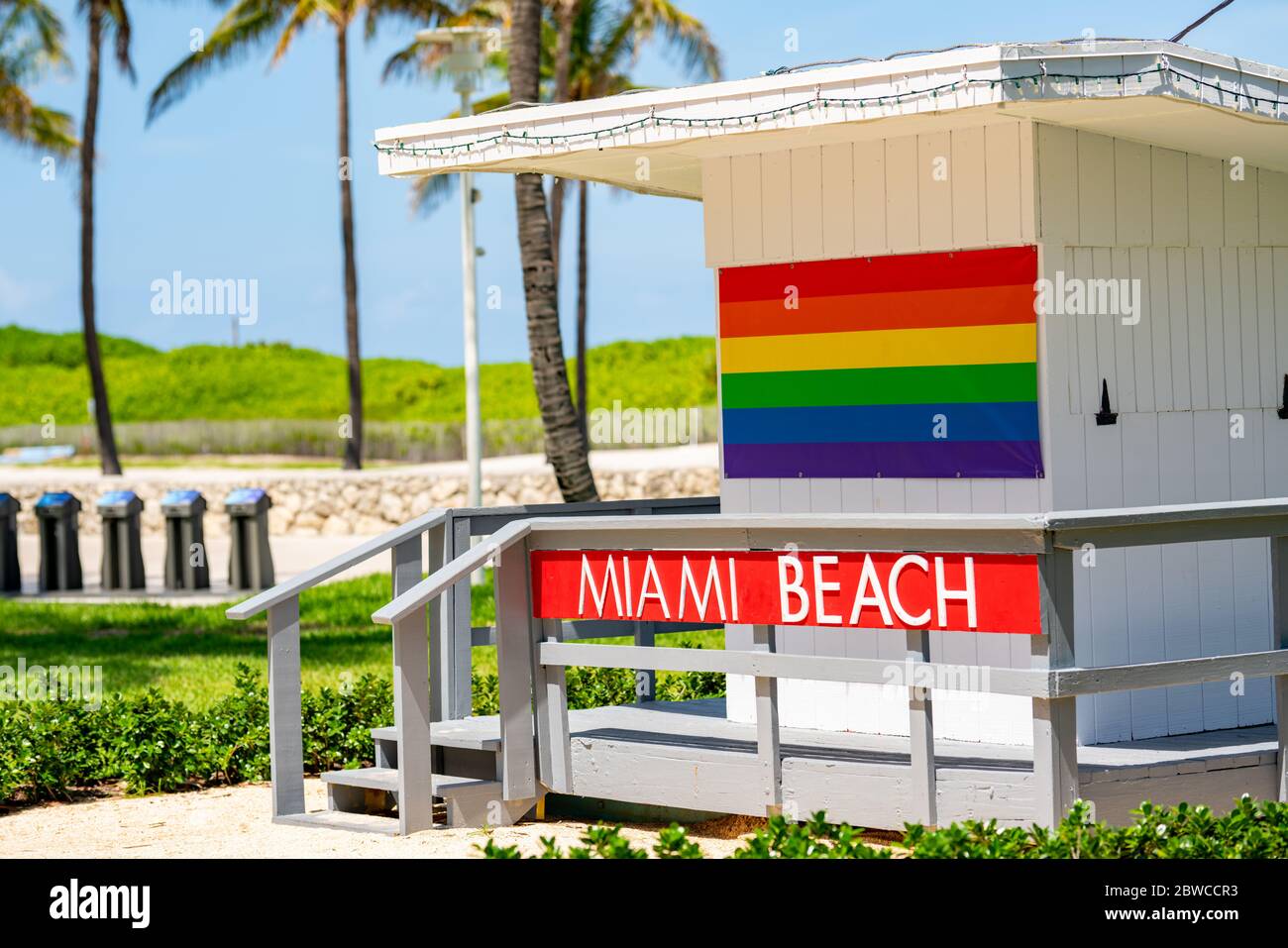 Miami Beach lifeguard tower with rainbow flag gay pride Stock Photo - Alamy