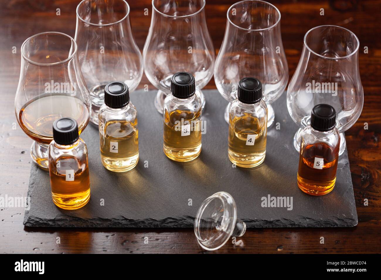 tasting bottles and glasses of whisky spirit brandy cognac. tasting at ...