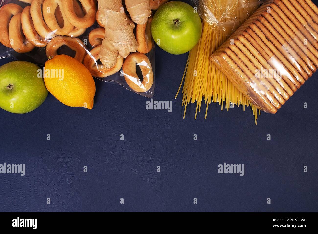 the food on a blue background, top view Stock Photo - Alamy