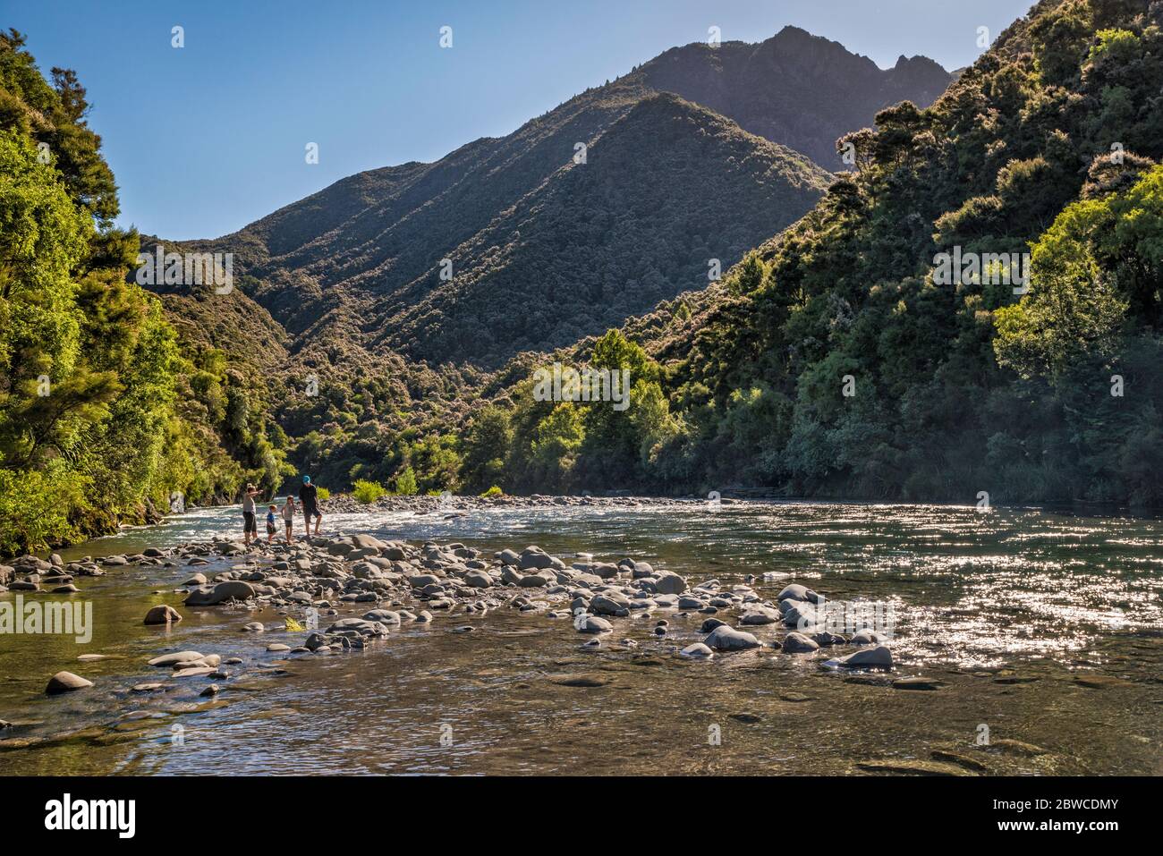 Visitors at Ngaruroro River, at Kuripapango Campsite, Kaweka Range ...