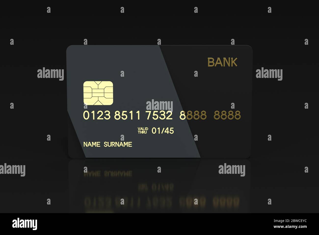Black bank card with golden numbers, 3d rendering. Computer digital ...