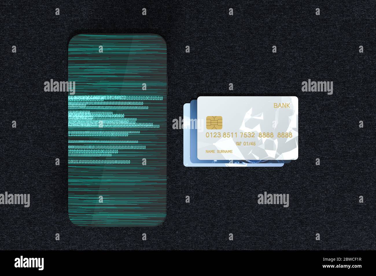 Bank cards and mobile phone with digital numbers, 3d rendering ...